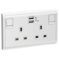 Schneider 13A Twin Gang Switched Socket with 2.1A USB, White ...