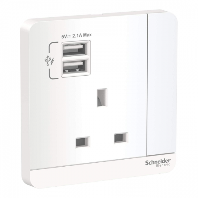 Schneider AvatarOn 2 USB Charger Switched Socket E8315USB_WE_G12