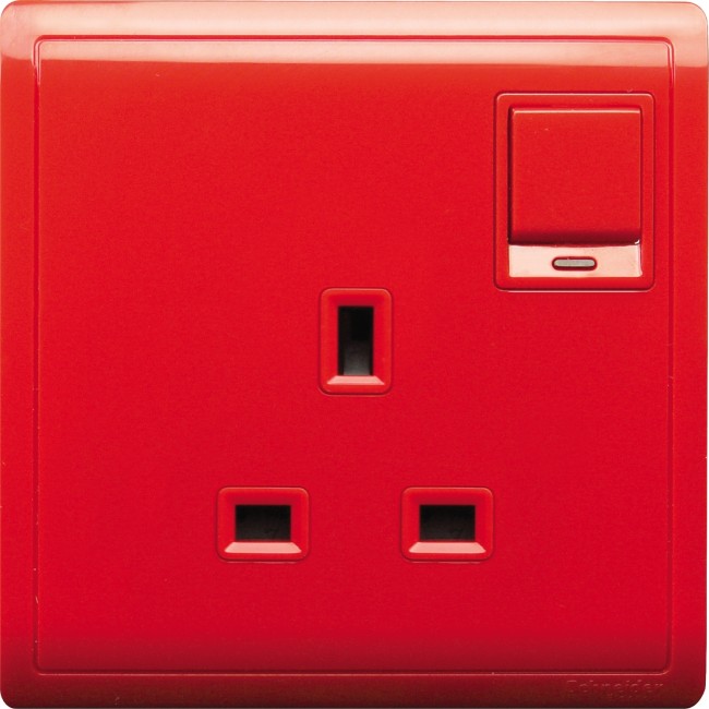 Schneider 13A 250V 1 Gang Switched Socket with Neon, Full Red - E8215N_RD