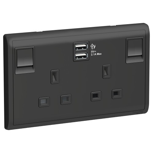 Schneider 13A Twin Gang Switched Socket with 2.1A USB, Matt Black ...