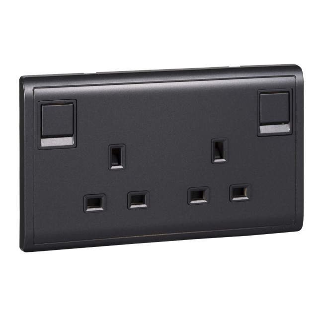 Schneider 13A 250V 2Gang switched socket,Matt Black - E82T25_MB_G1